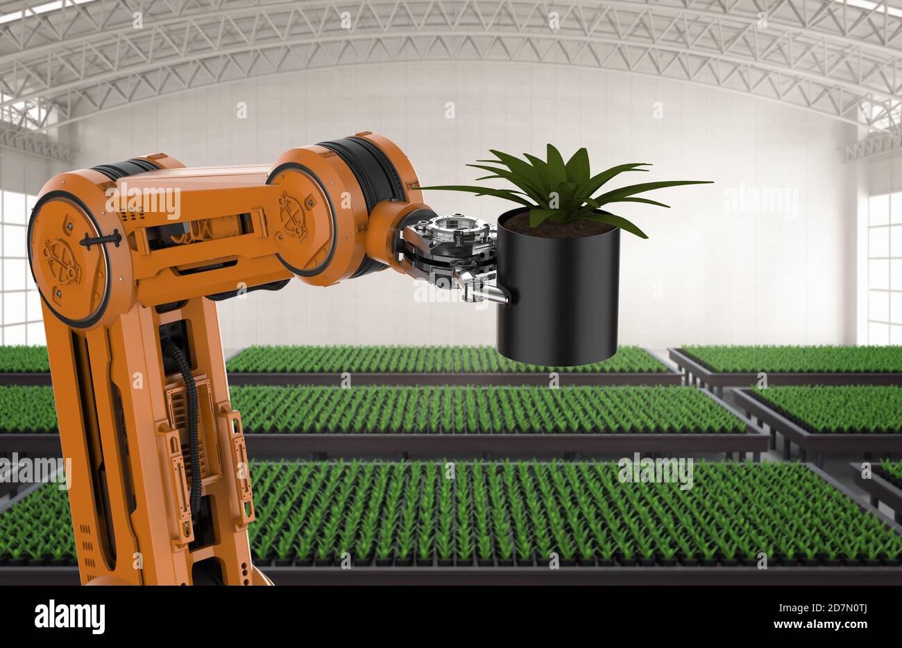 Agriculture technology concept with 3d rendering robotic arm in ...