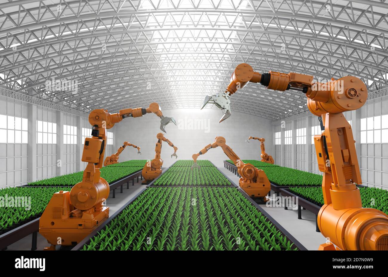 Agriculture technology concept with 3d rendering robotic arm in ...