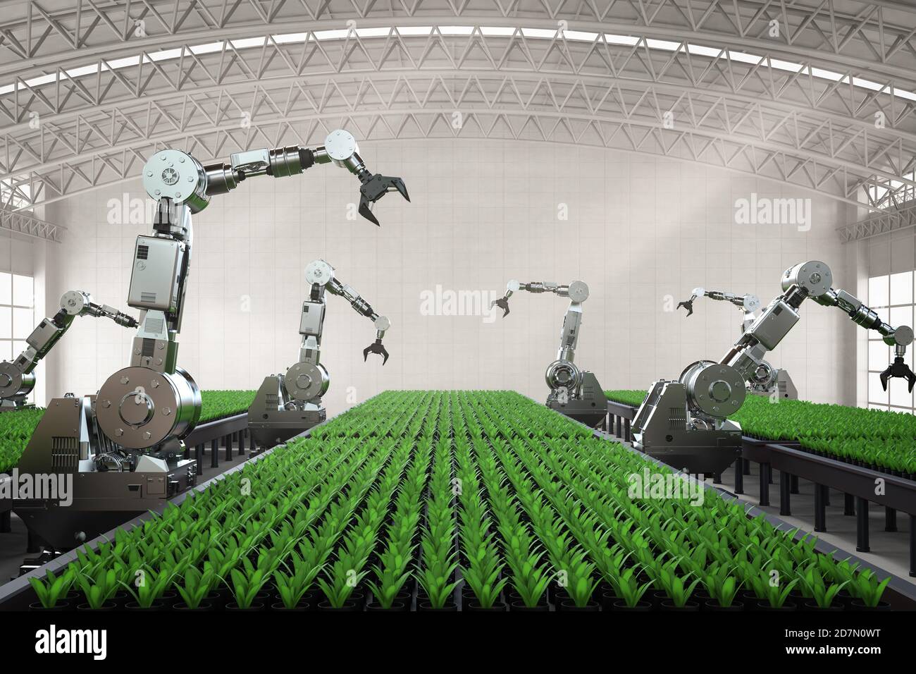 Agriculture technology concept with 3d rendering robotic arm in ...