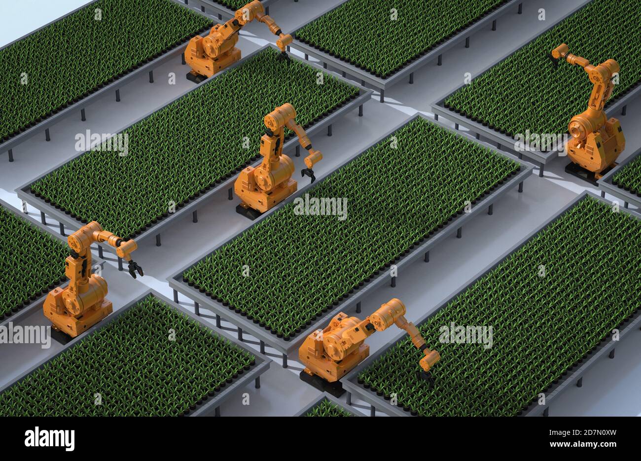 Agriculture technology concept with 3d rendering robotic arm in ...