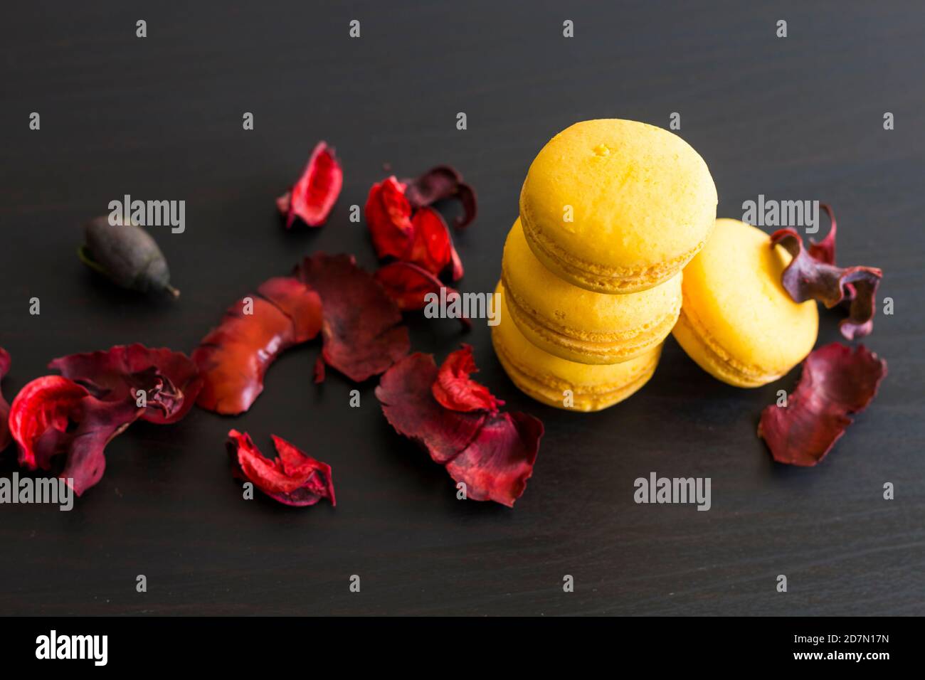 Close-up of breakfast morning with yellow macaroons lemon taste. close ...
