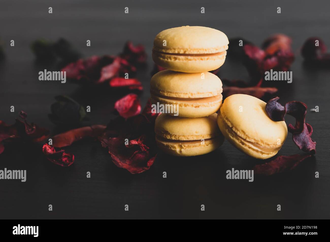 Close-up of breakfast morning with yellow macaroons lemon taste. close ...