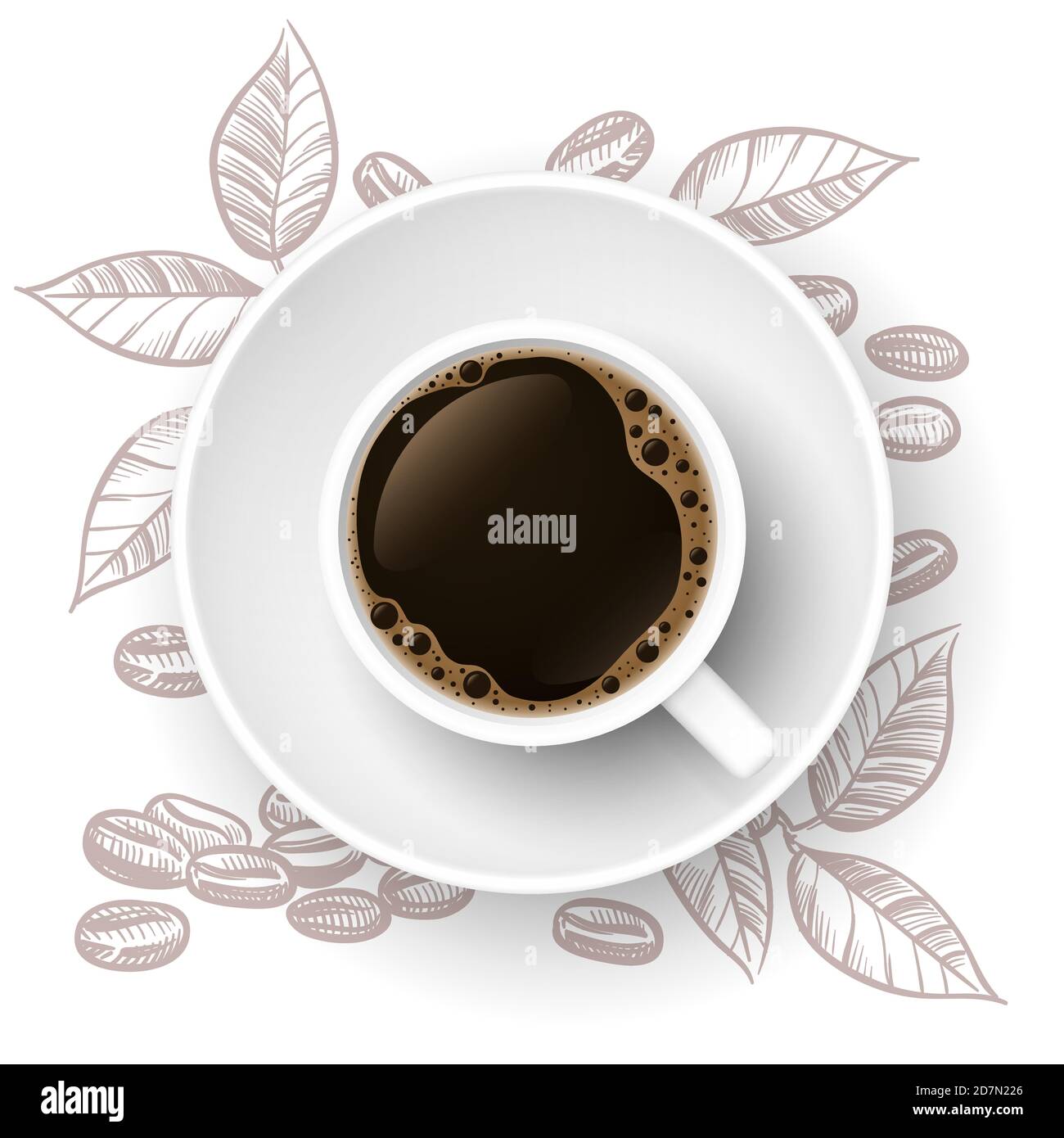 Coffee time background with realistic cup and hand drawn beans. Cup of ...