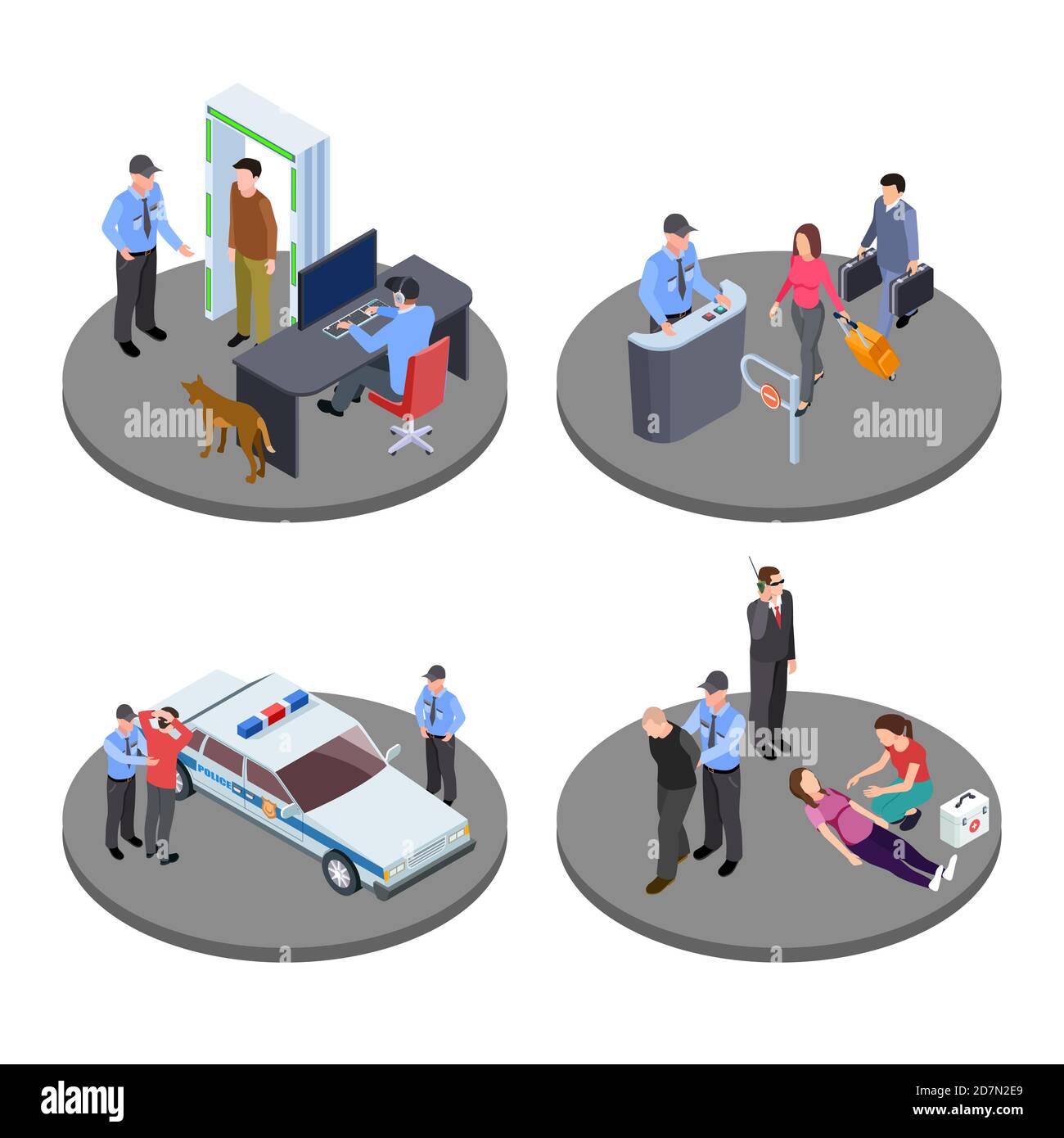 Security and police work isometric vector situations. Guard character ...