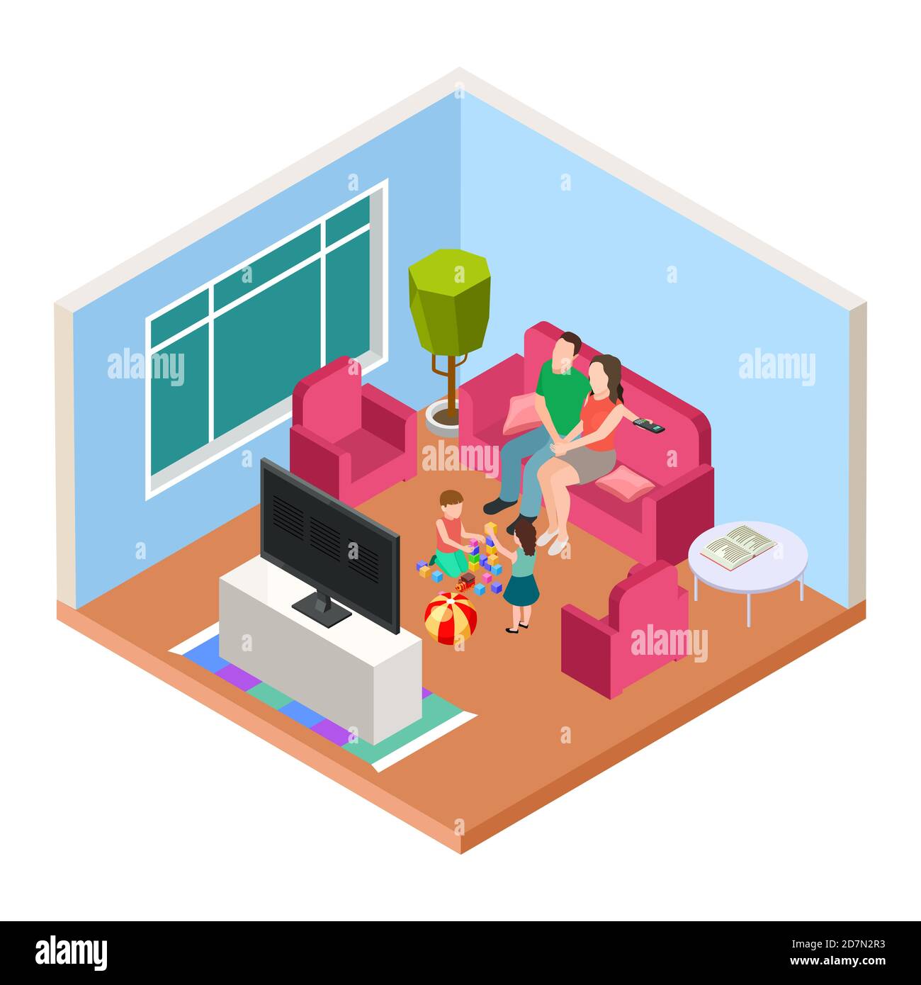 Isometric family time. Vector parents and kids watching TV and playing ...