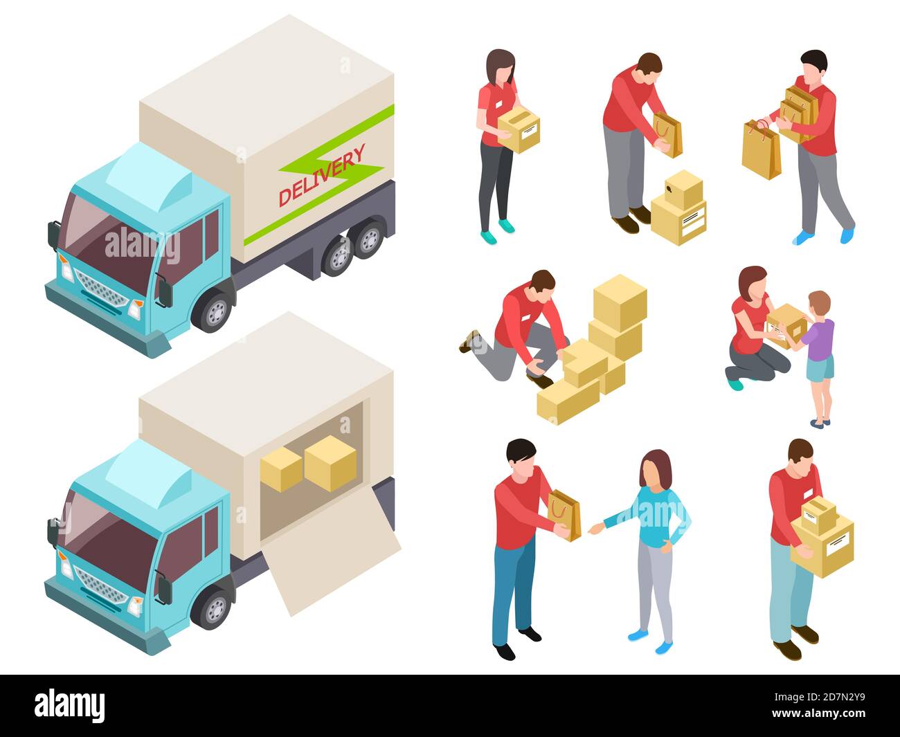 Isometric delivery service with people and truck vector set ...