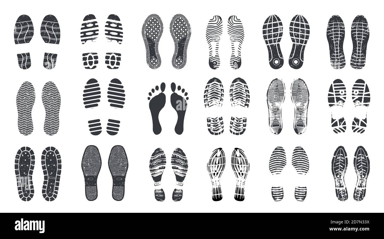Footprint steps. Barefoot, sneaker and shoes footstep with grunge ...