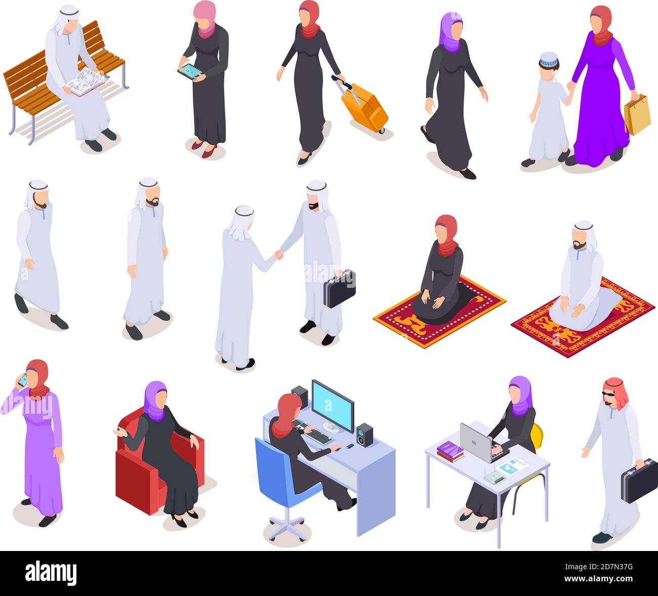 Muslim isometric. Arab 3d people, saudi business woman and man in ...