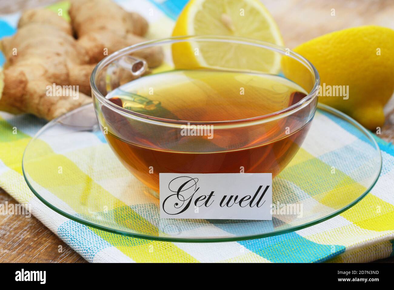 Get well card with cup of tea with fresh ginger and lemon Stock Photo ...