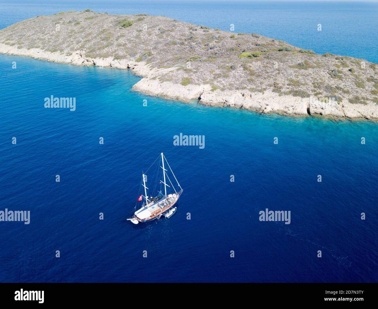 Aerial view of a sailing boat in Mersincik Island Gokova Bay Turkey ...