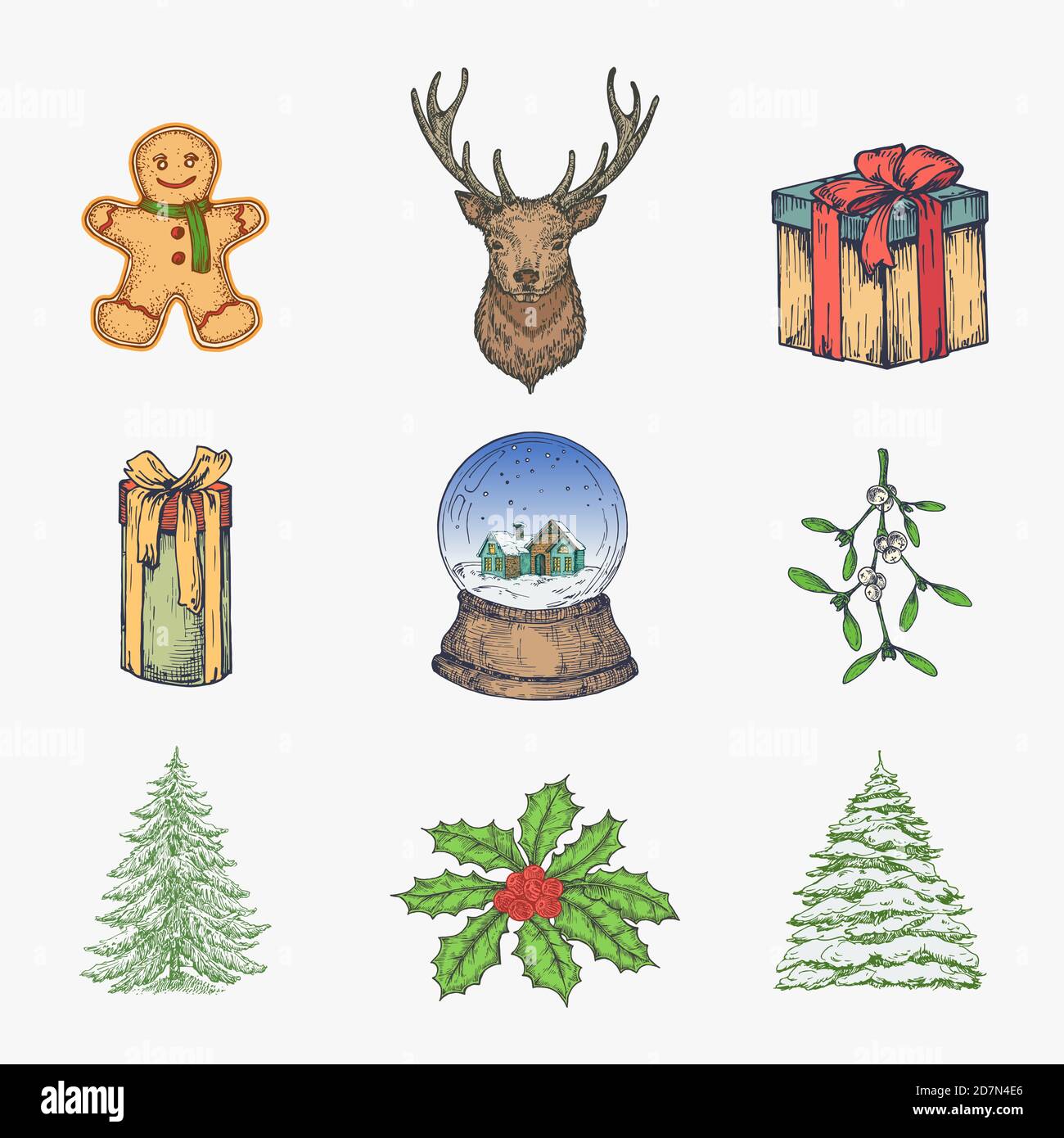 Hand Drawn Colorful Christmas Icons Bundle. A Collection of Winter ...