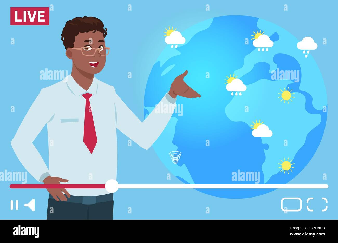 Man anchorman wheather channel vector illustration. Worldwide weather ...