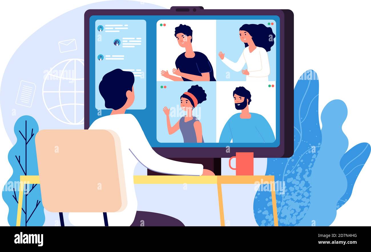 Video conference. People group on computer screen taking with colleague ...