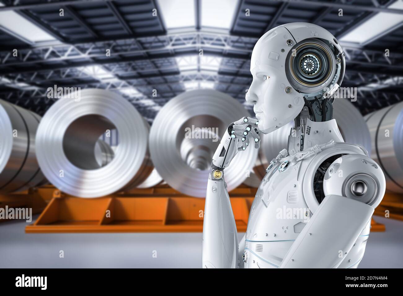 Automation factory concept with 3d rendering cyborg in steel factory ...