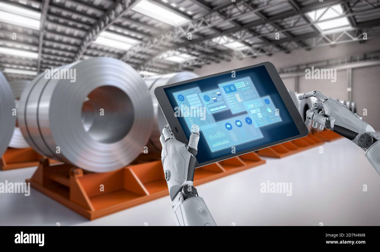 Automation factory concept with 3d rendering cyborg with digital tablet ...