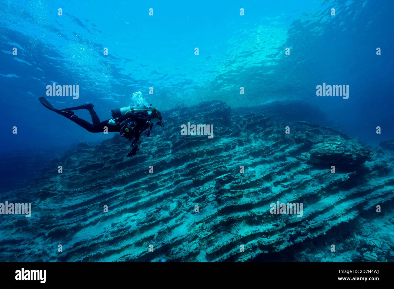 Scenic view of limestone layers of faultline underwater, Gokova Bay ...
