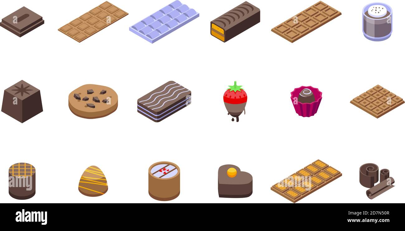 Chocolate icons set. Isometric set of chocolate vector icons for web ...