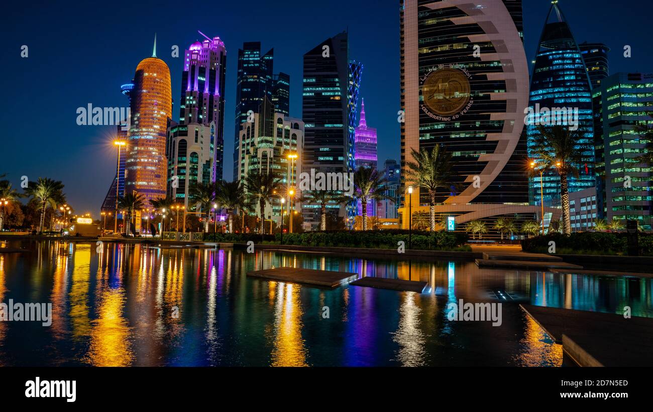 Doha city skyline during night Stock Photo - Alamy