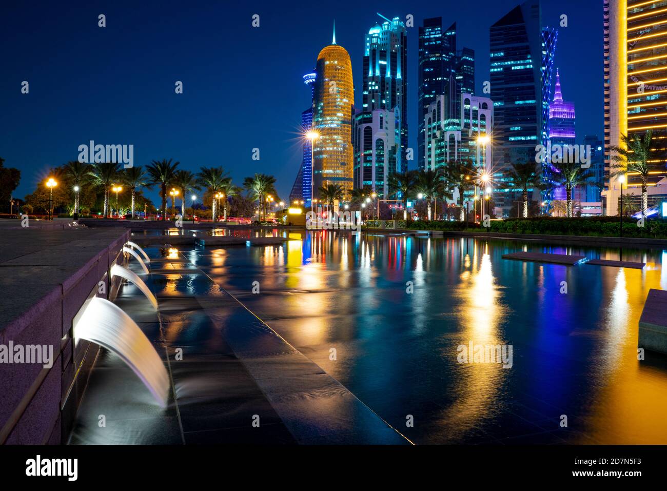 12 February 2019- Colorful Skyline of Doha Qatar City during night ...