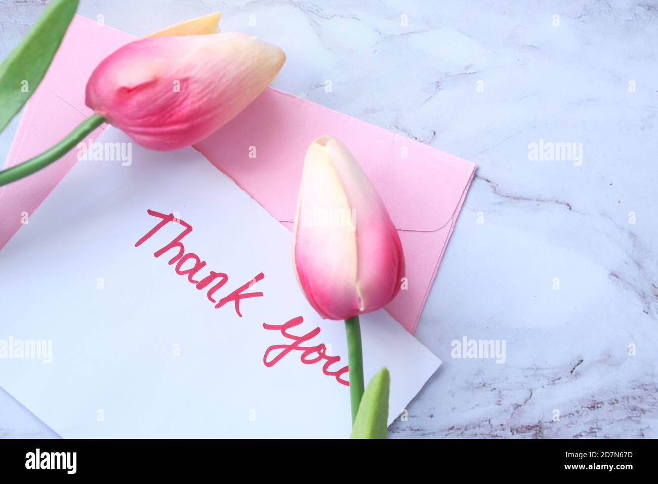 thank you message on sticky note with tulip flower on tiles background ...