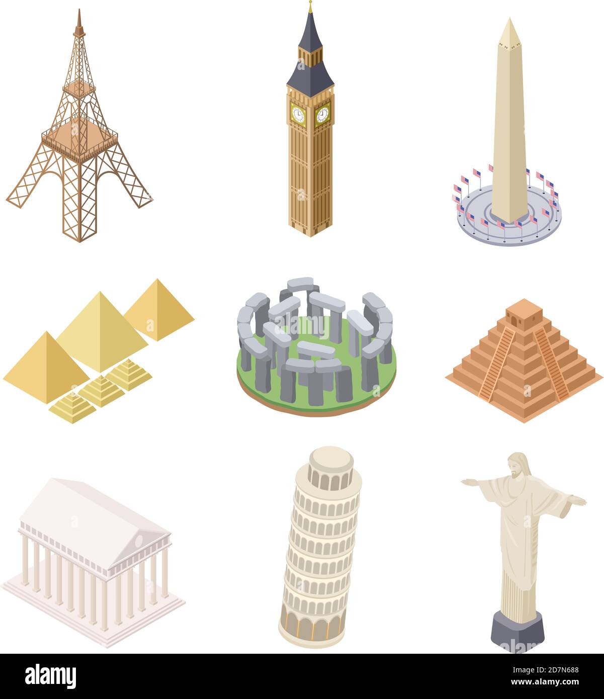Isometric landmark. Famous building travel landmarks pyramids leaning ...