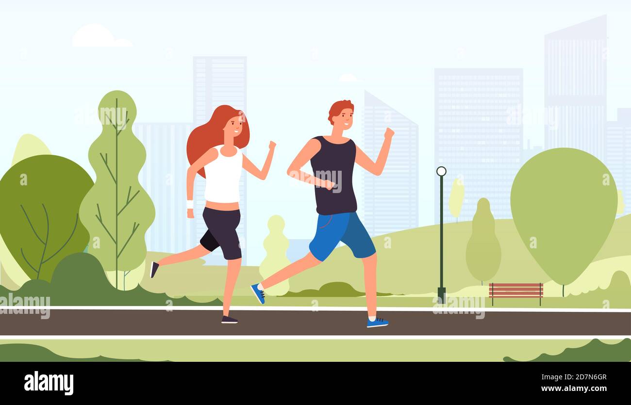 Couple running. Happy smiling guys jogging together outdoor summer park ...