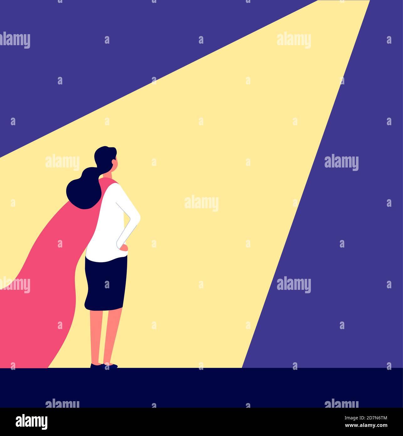 Superwoman. Woman in red cape in spotlight, candidate choosing and ...
