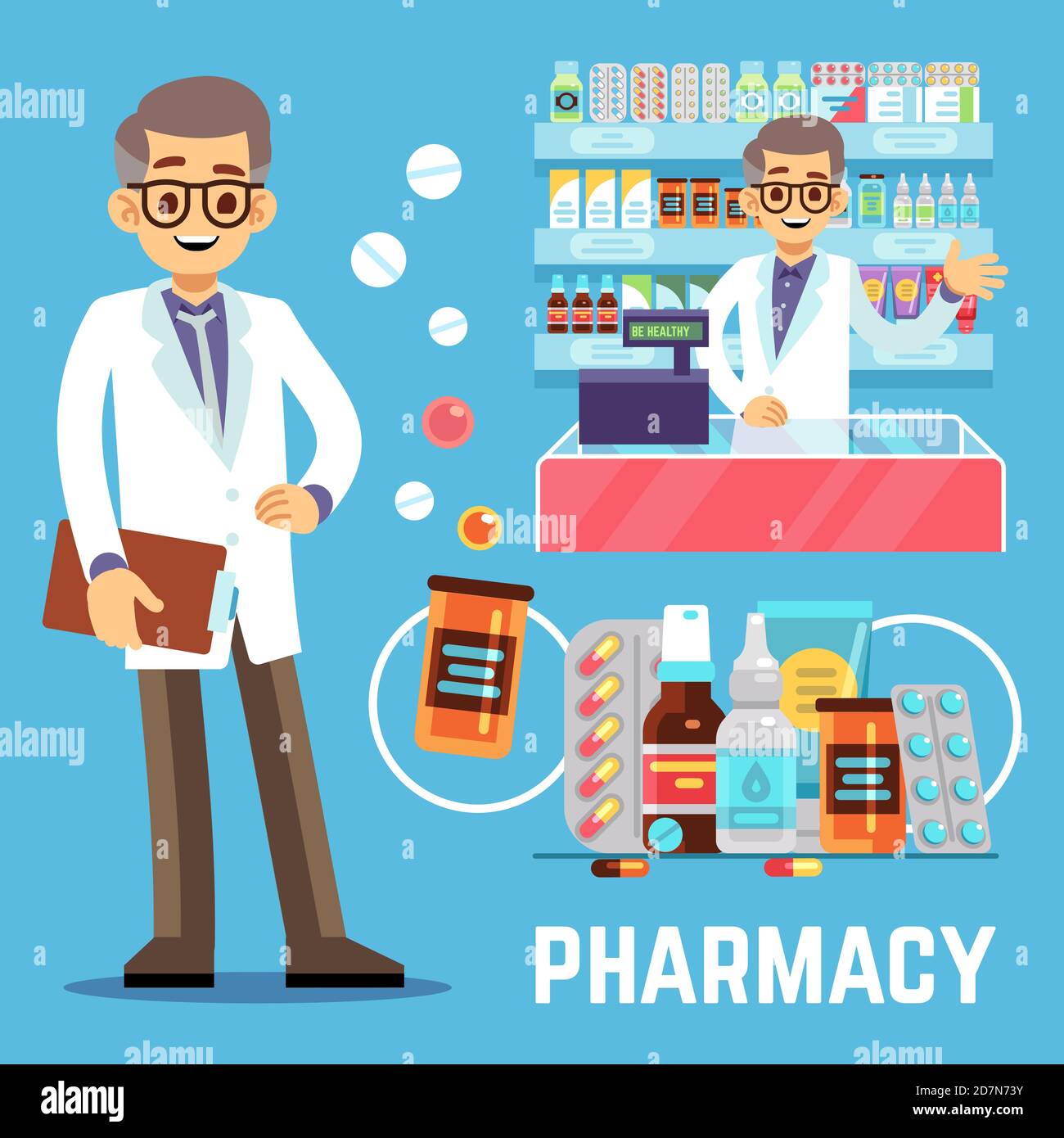 Vector pharmacy elements with male pharmacist, vitamins and drugs ...