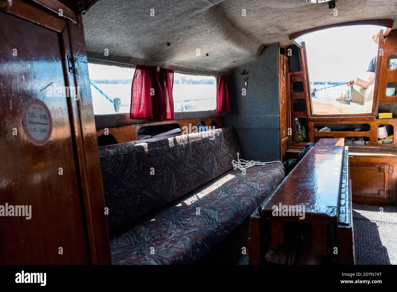 The interior of an old sailboat. Boat cabin, a resting place for ...