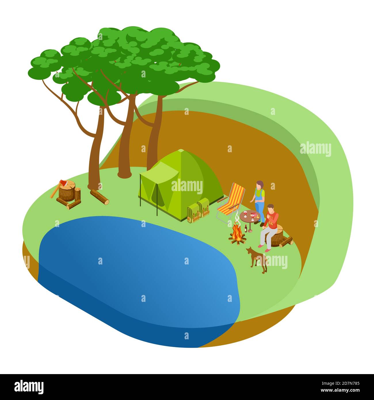 Couple resting in the forest by the lake with dog, tourism isometric ...