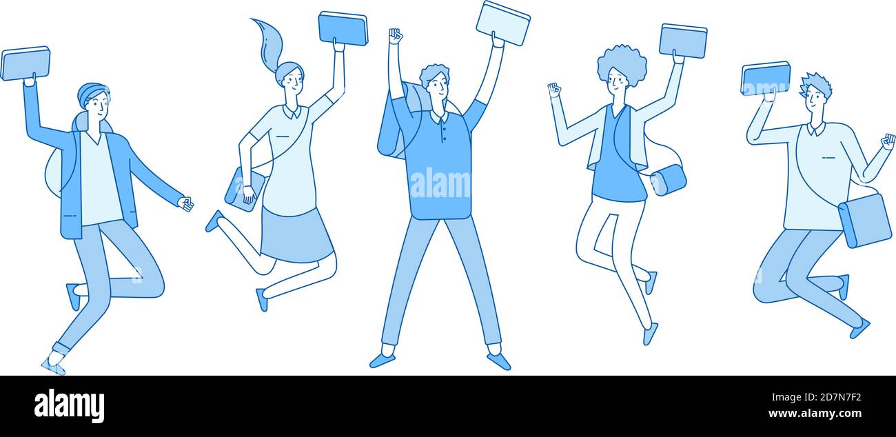 Jumping student. Young happy college students with books friends ...