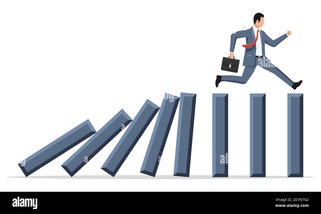Businessman running away from falling domino. Domino chain reaction ...