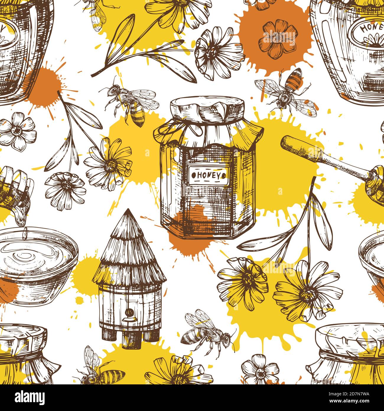 Vector honey seamless pattern with drops, flowers, honey jars ...