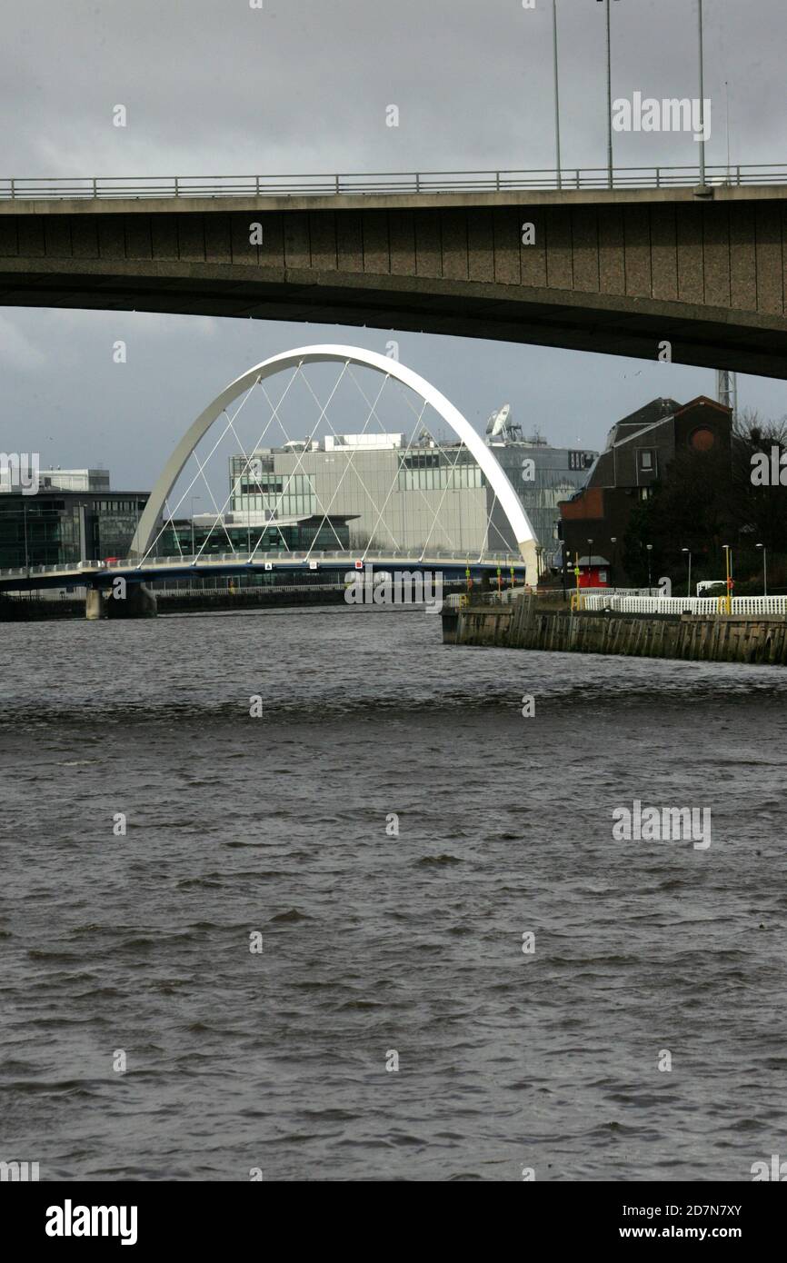 Glasgow, Lanarkshire, Scotland. River Clyde walk showing the numerous ...