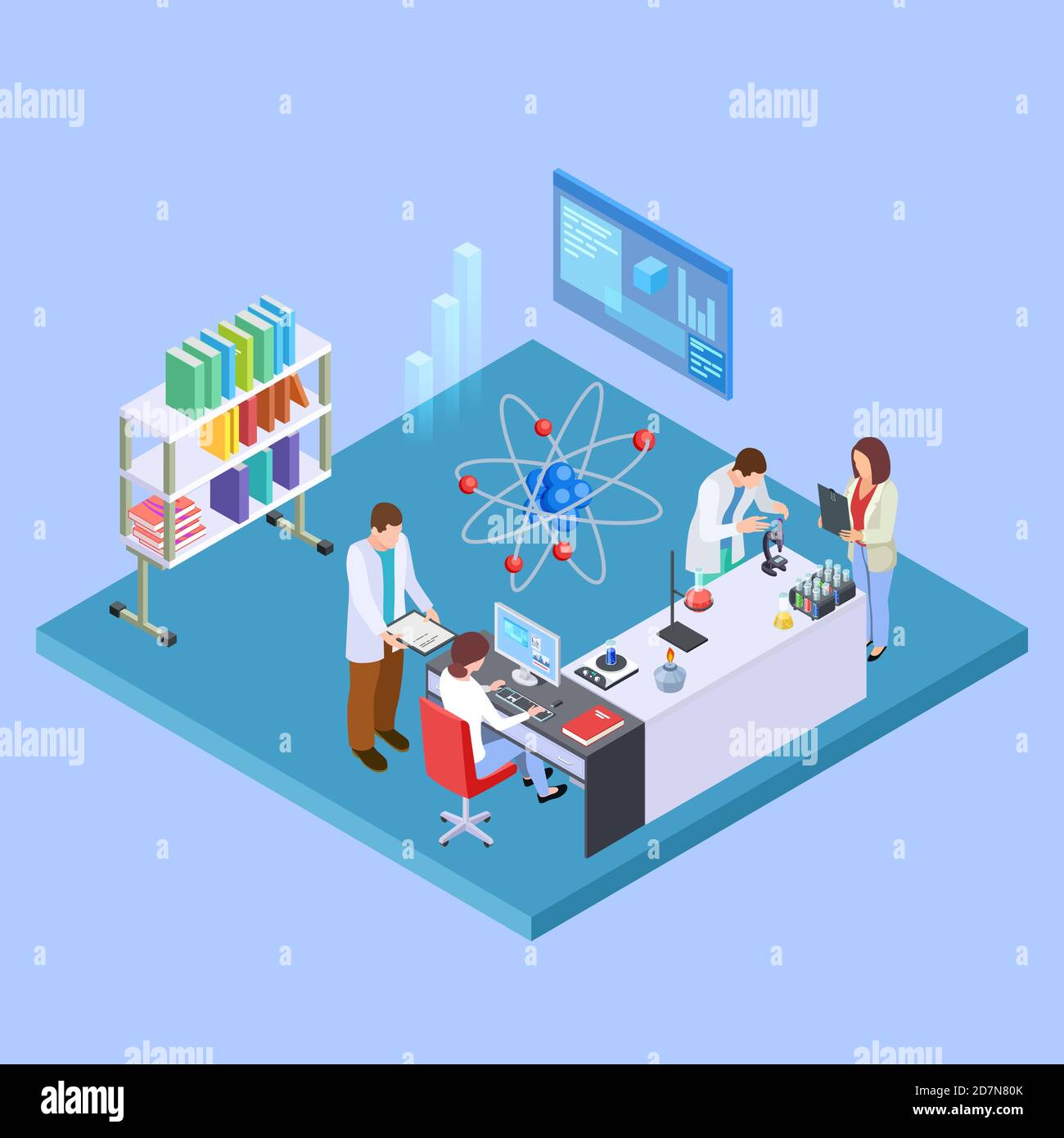 Scientific research laboratory. Isometric chemistry equpment and ...