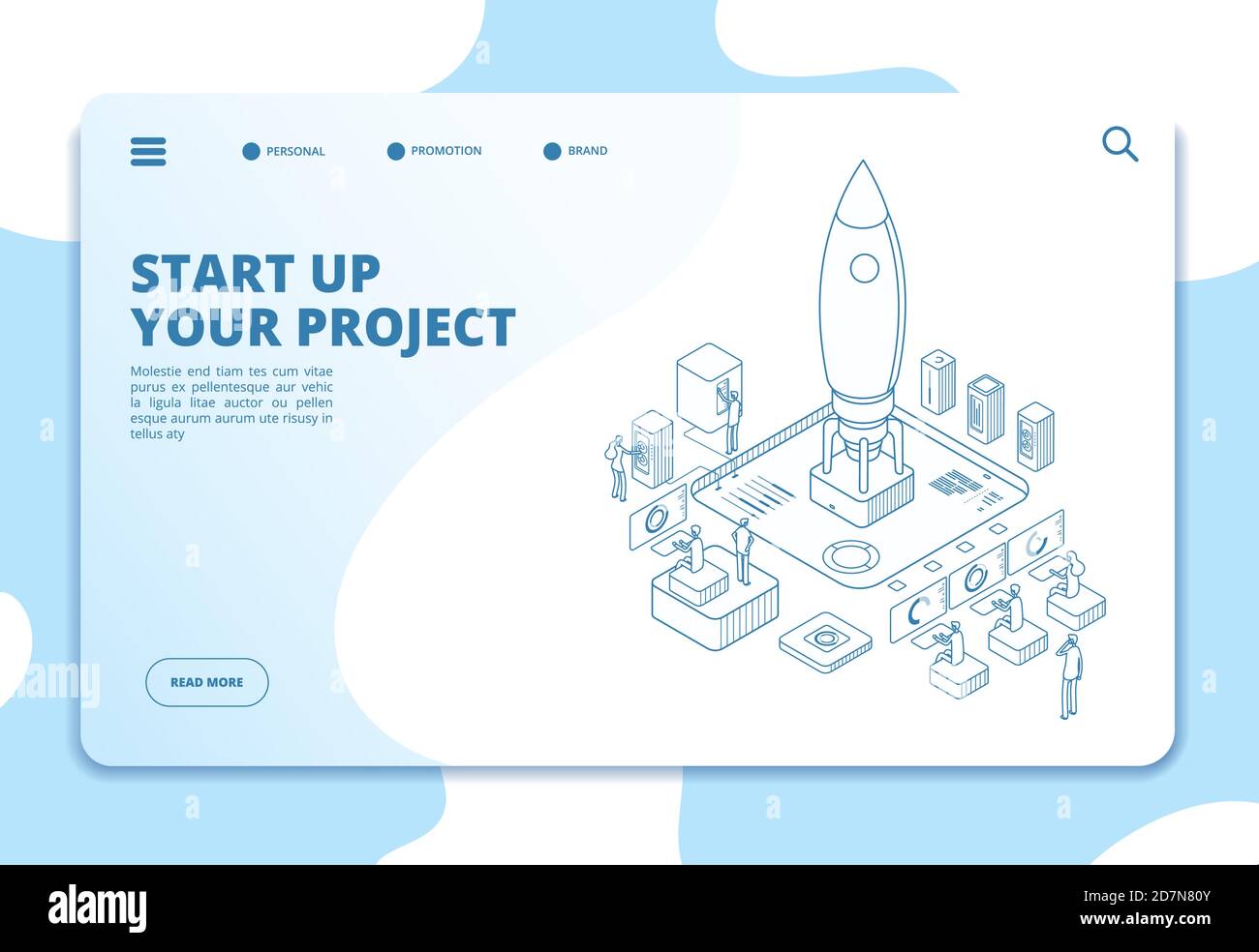 Startup landing page. Successful project launch. Isometric rocket ...
