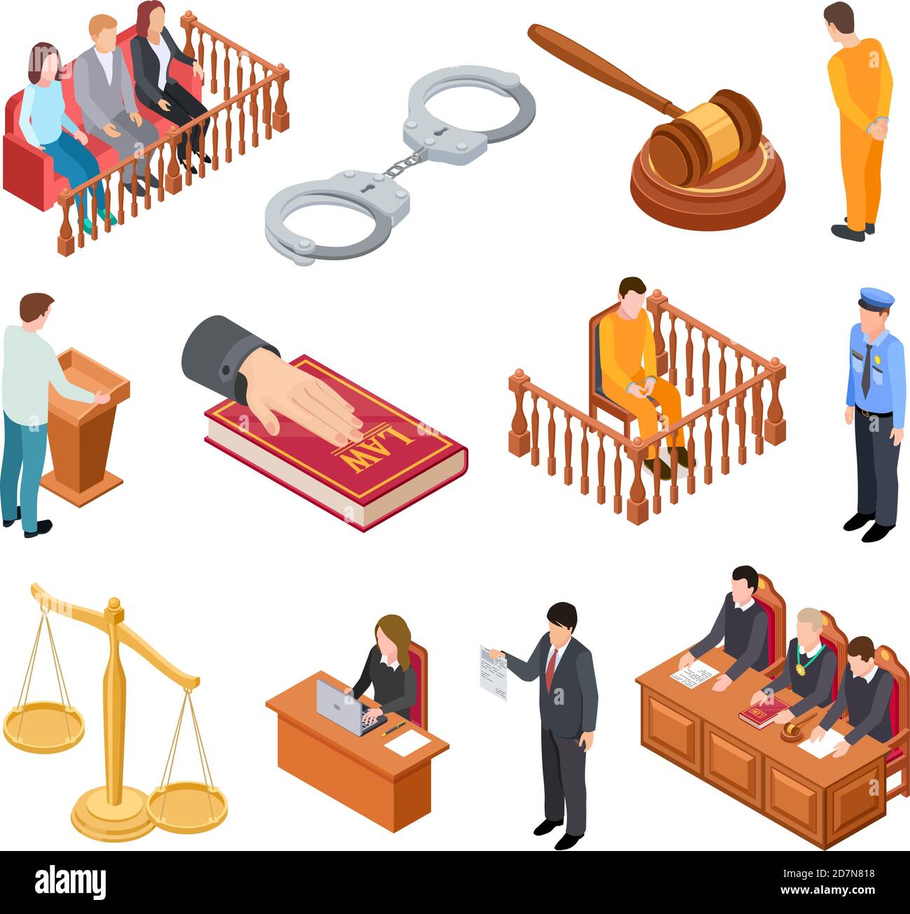 Isometric court of law. Trials defendant witness interrogation jury ...