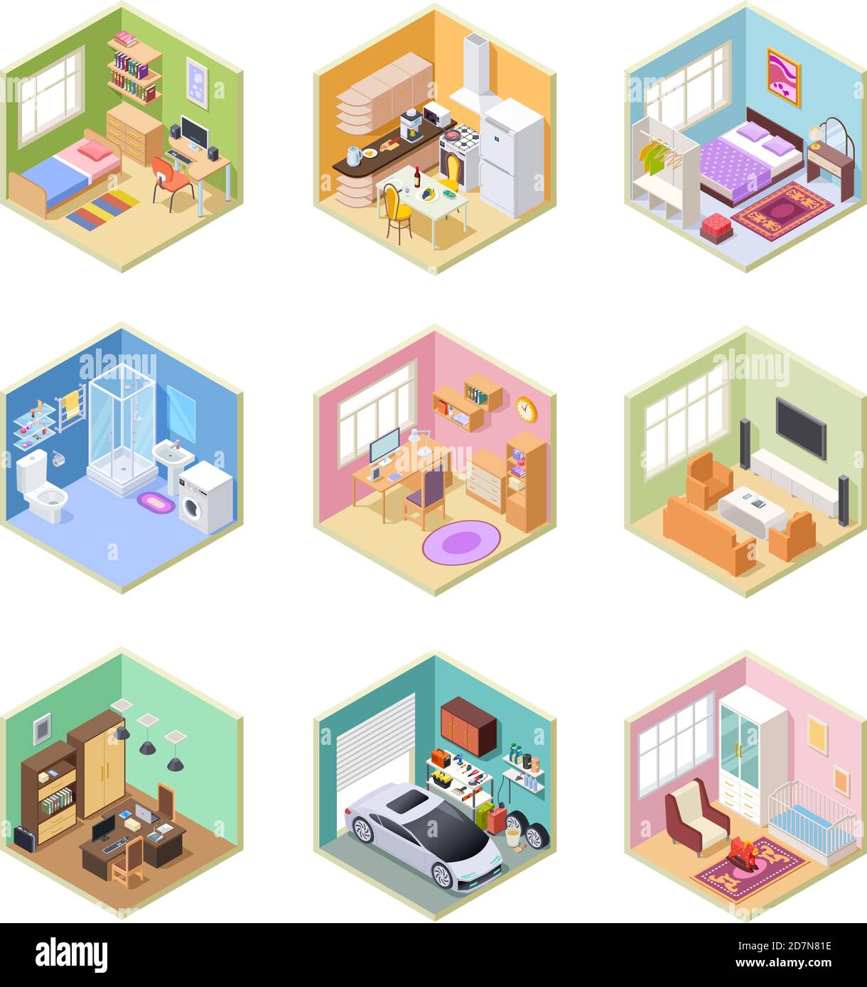 Isometric rooms. Designed house, living room kitchen bathroom bedroom ...