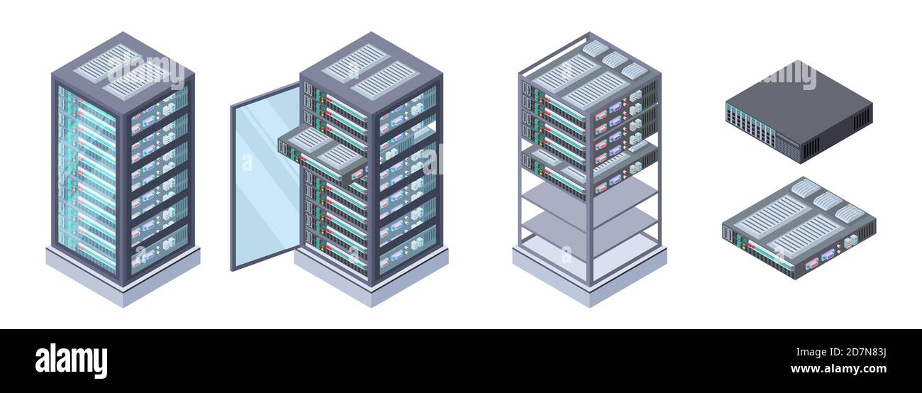 Isometric servers, data storages vector. 3D computer equipment isolated ...