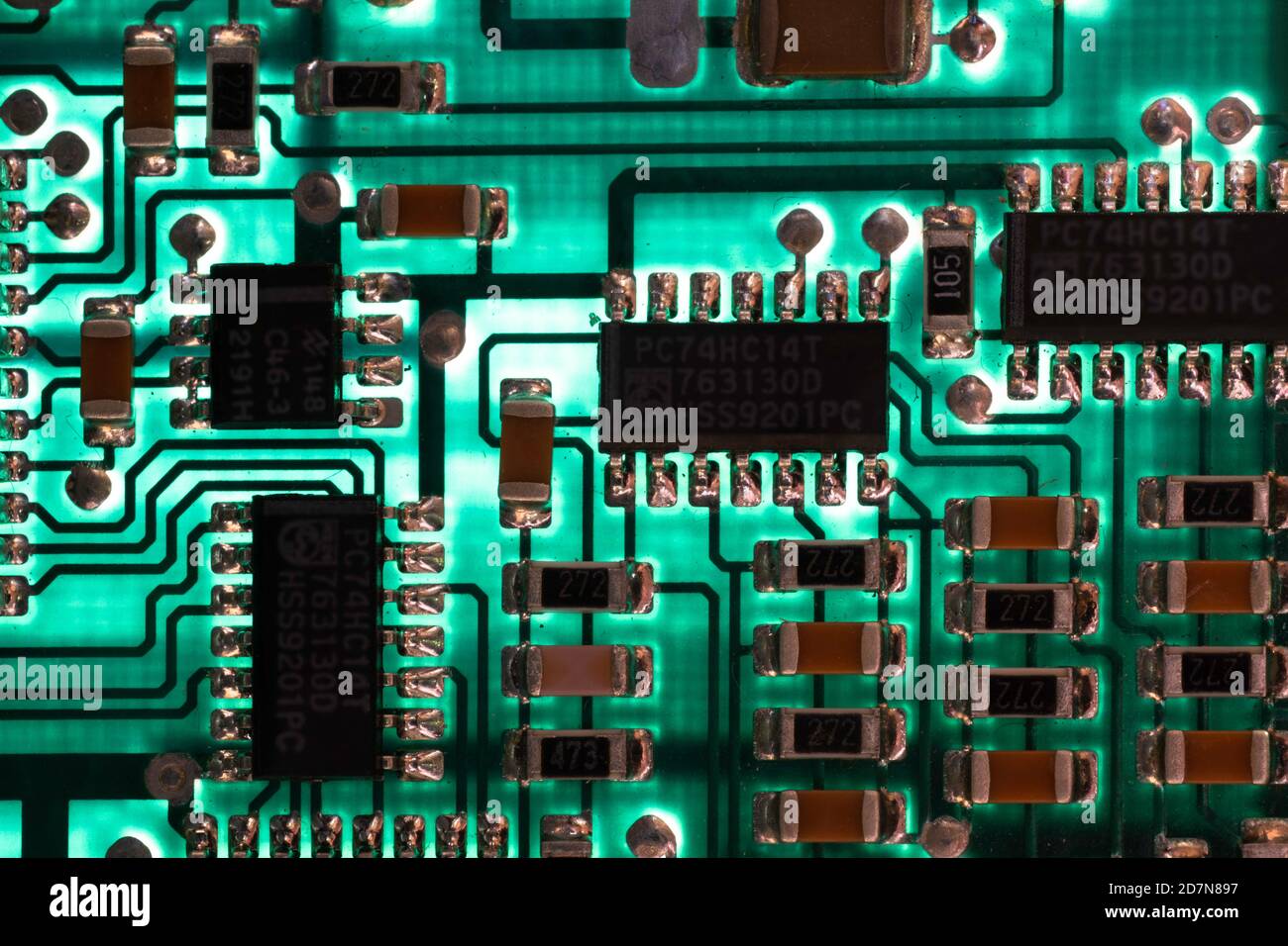 Electronic printed circuit board background with many electrical ...