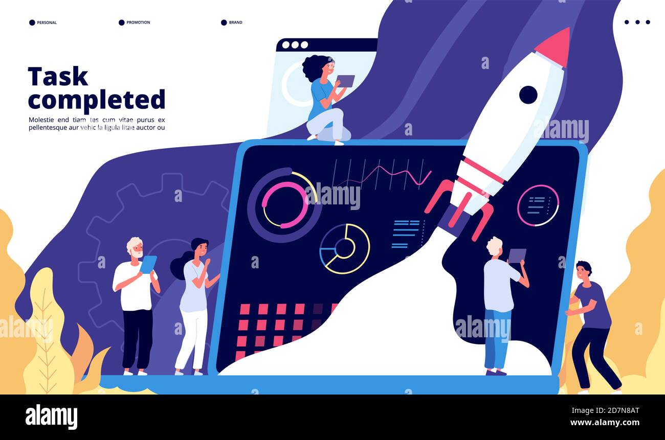 Startup concept. People launch spaceship rocket, start new project ...