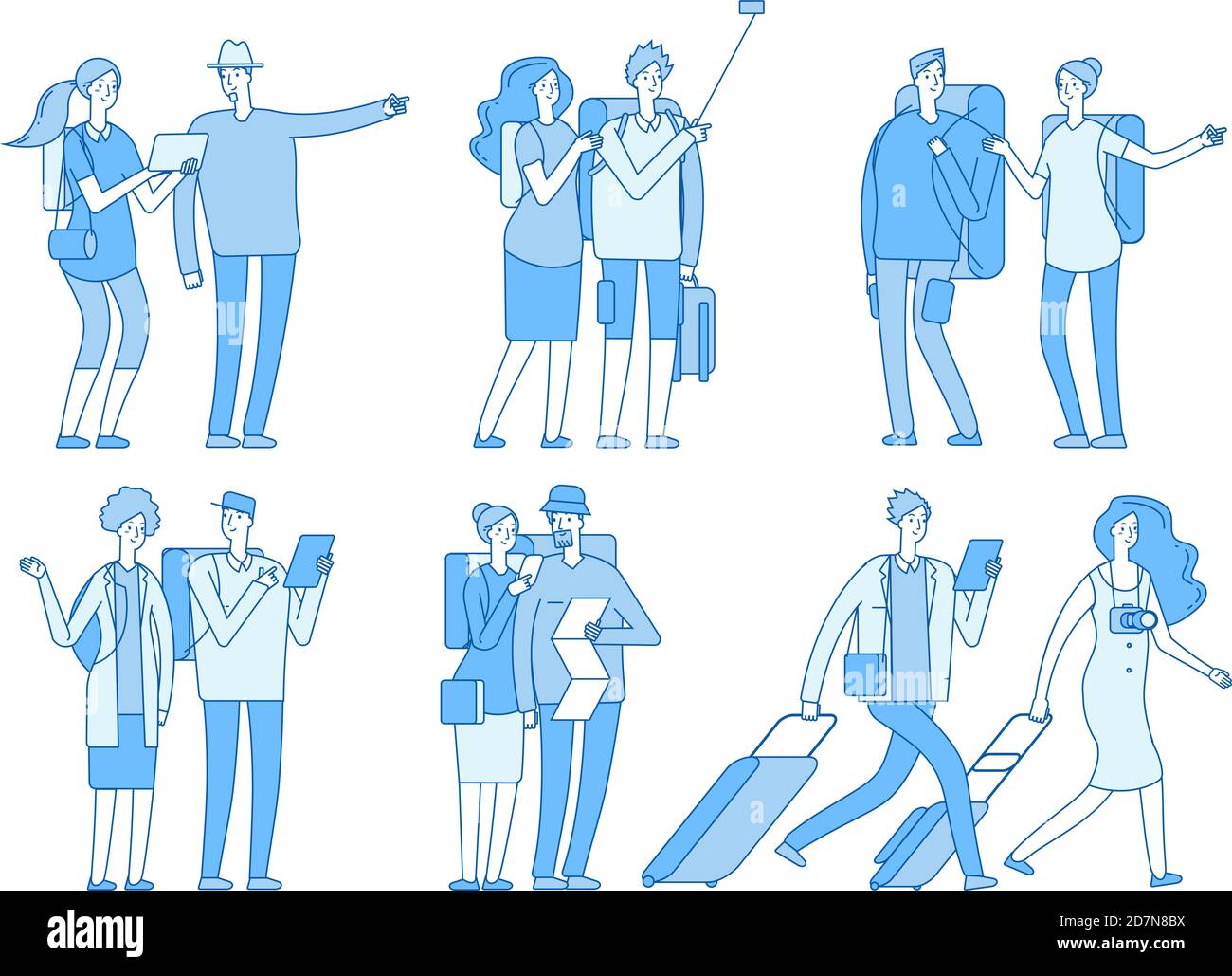 Tourist characters. People with suitcases bags holiday. European travel ...