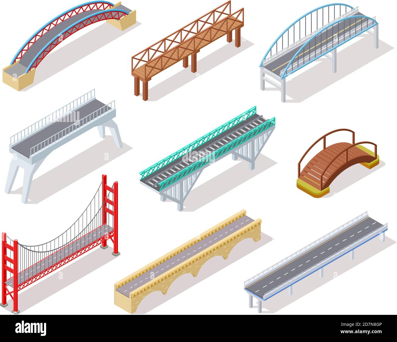 Isometric bridge. Concrete bridges drawbridge river arch bridging city ...
