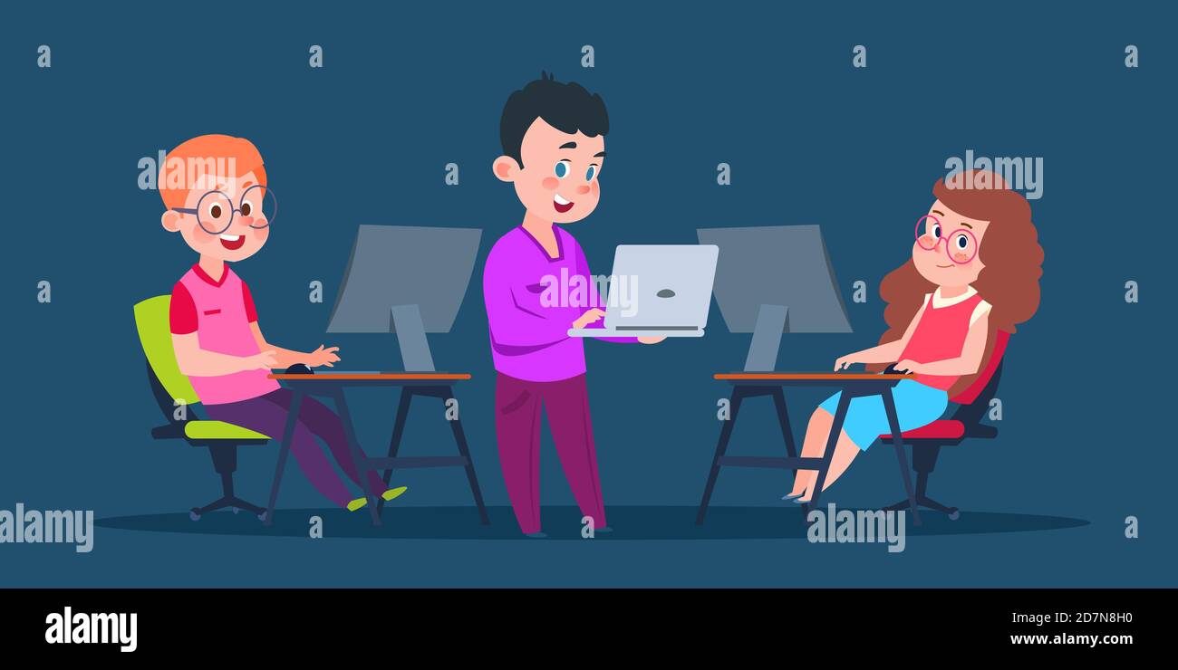 Kids coding at computers. Cartoon character children in computer class ...