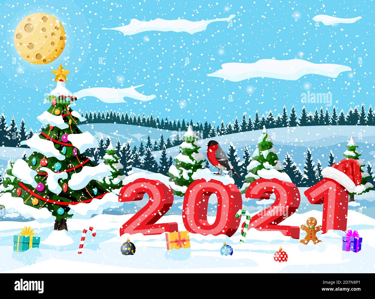 Merry Christmas and New Year holiday greeting xmas card with 2021 bold ...