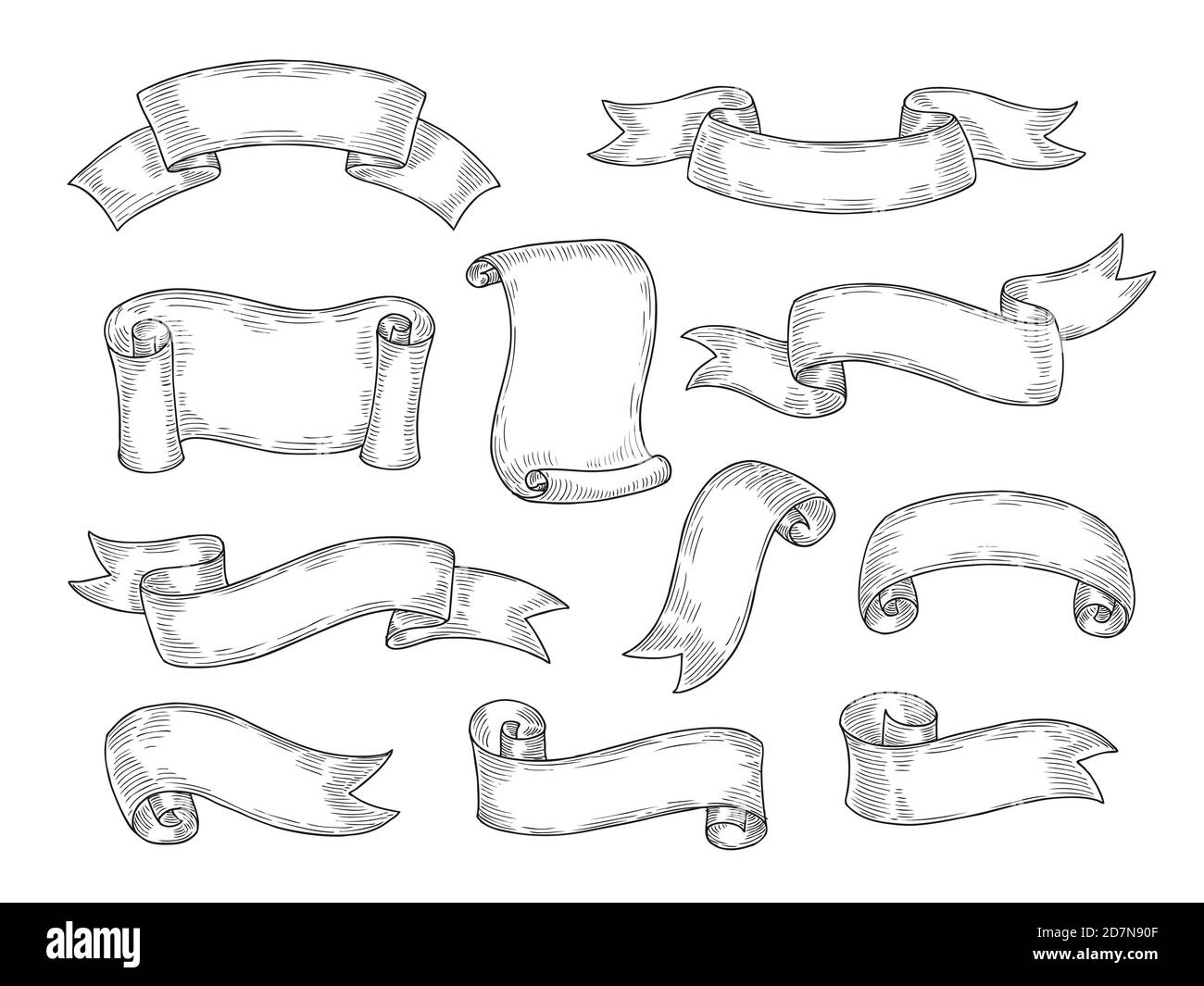 Hand drawn ribbons. Sketch banner ribbon engraved old labels isolated vintage design vector ...