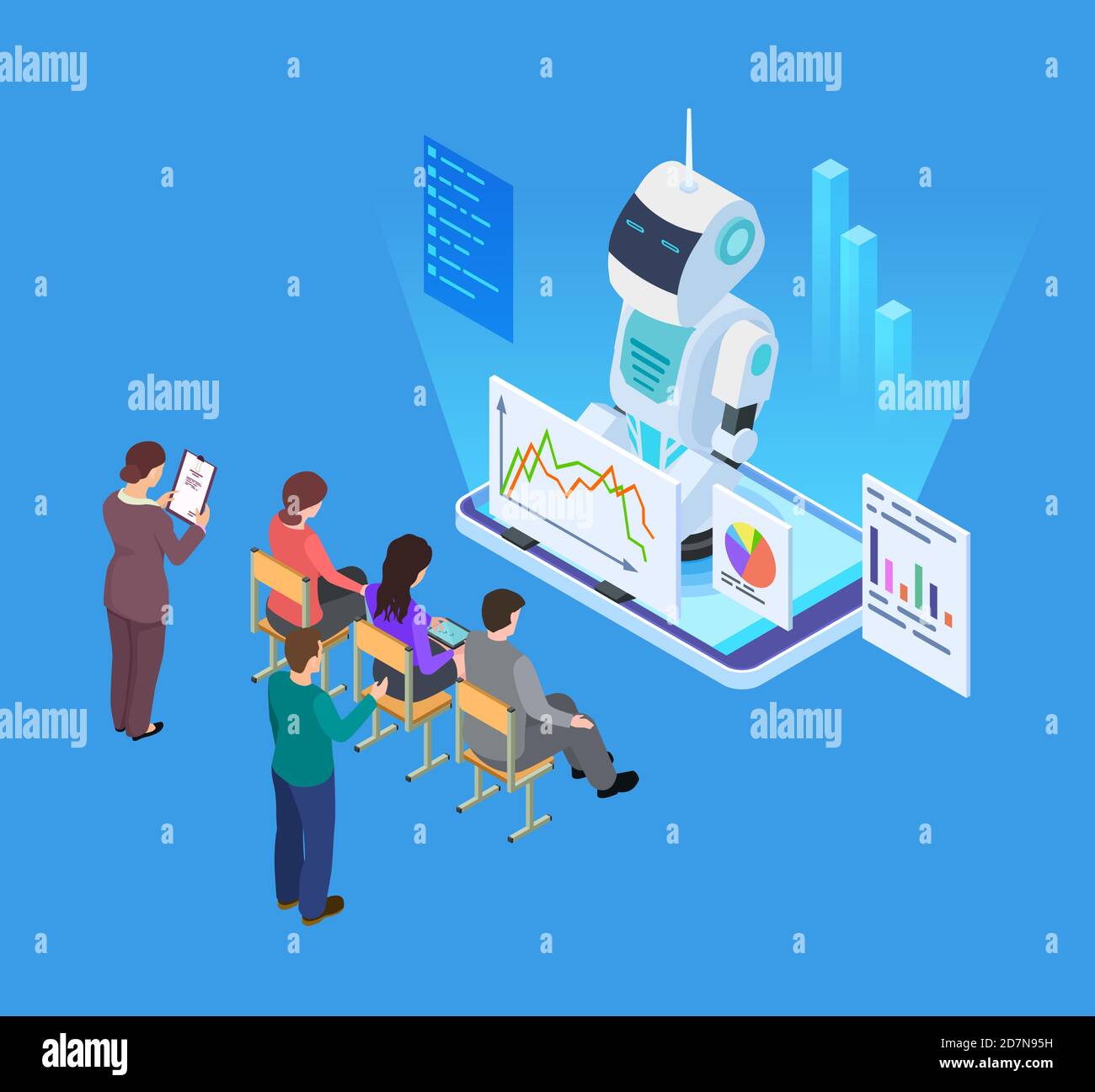 Business training with artificial intelligence. Isometric vector robot ...