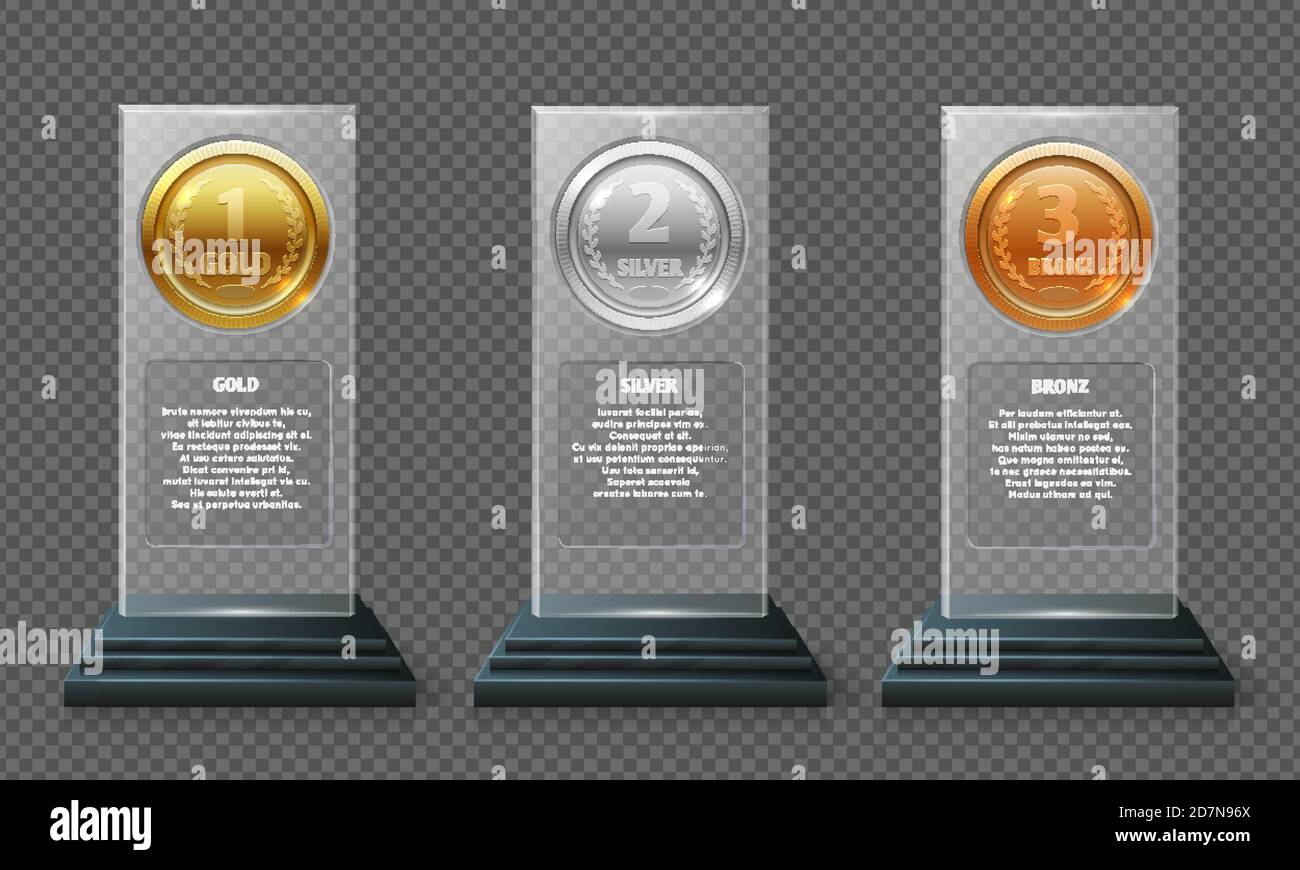 Gold silver and bronze medal trophy. Realistic crystal vector awards ...