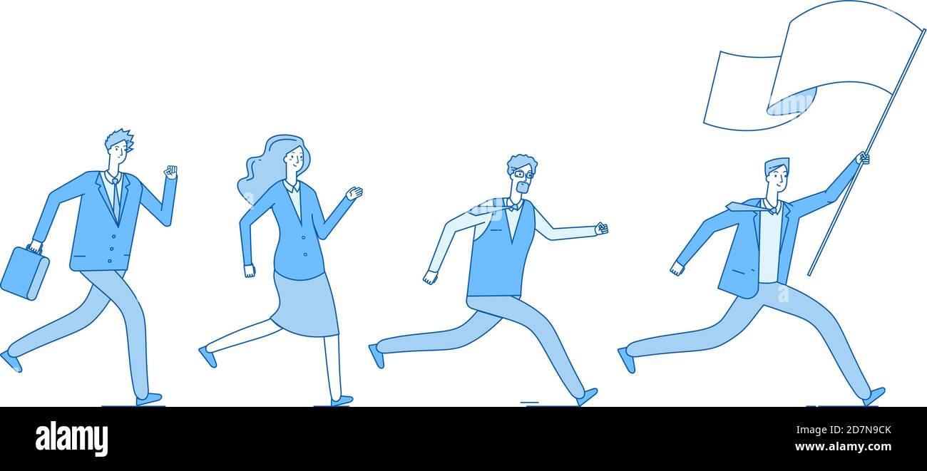 People running with flag. Business persons following leader leading ...