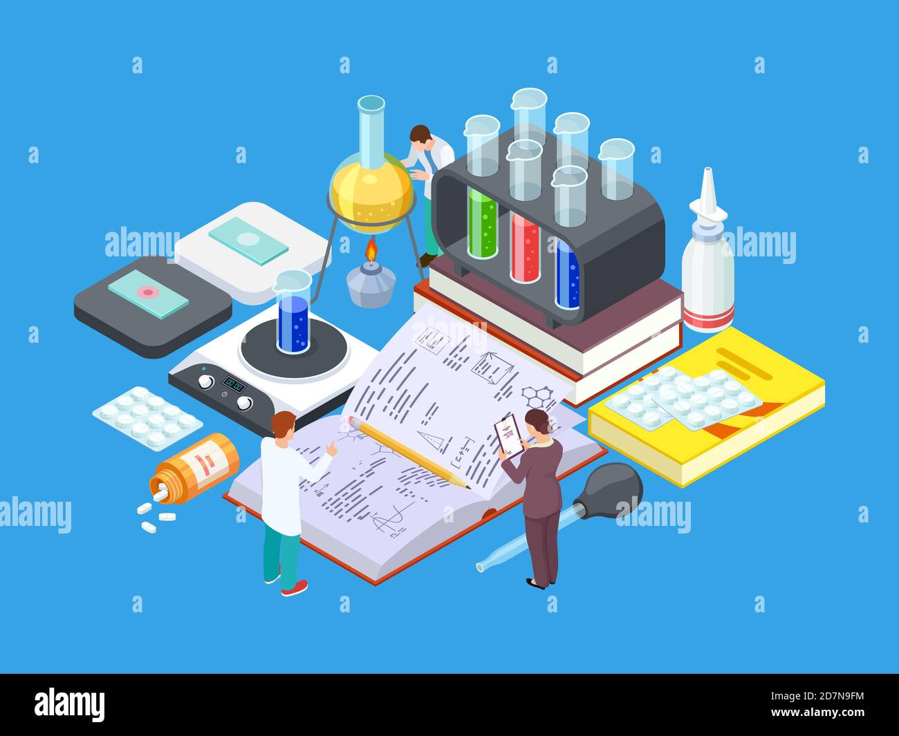Isometric science lab. Vector medical research concept. Pharmaceutical ...